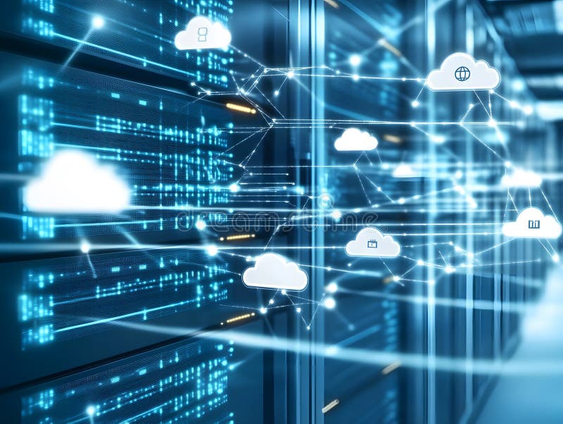Digital Cloud Computing Network, Multiple Servers and Icons Connected with Light Lines, Abstract ...