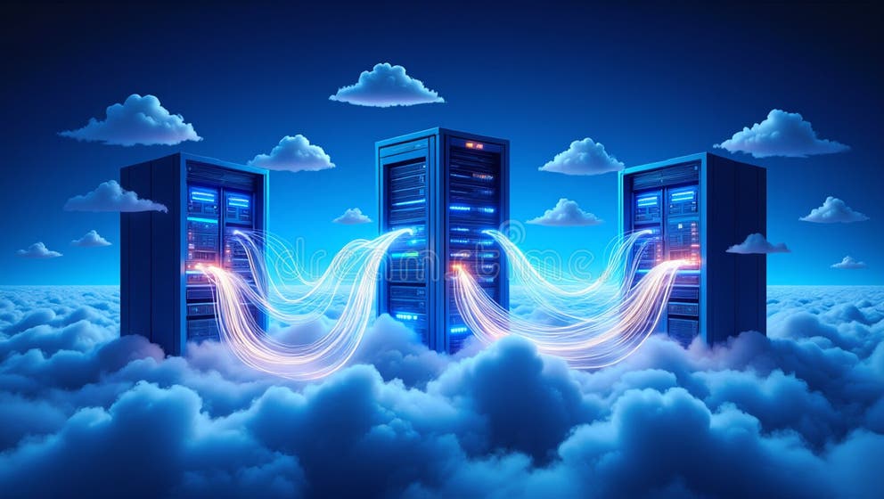 Digital Cloud Computing Servers Data Flow between Futuristic Infrastructure in Night Sky Stock ...
