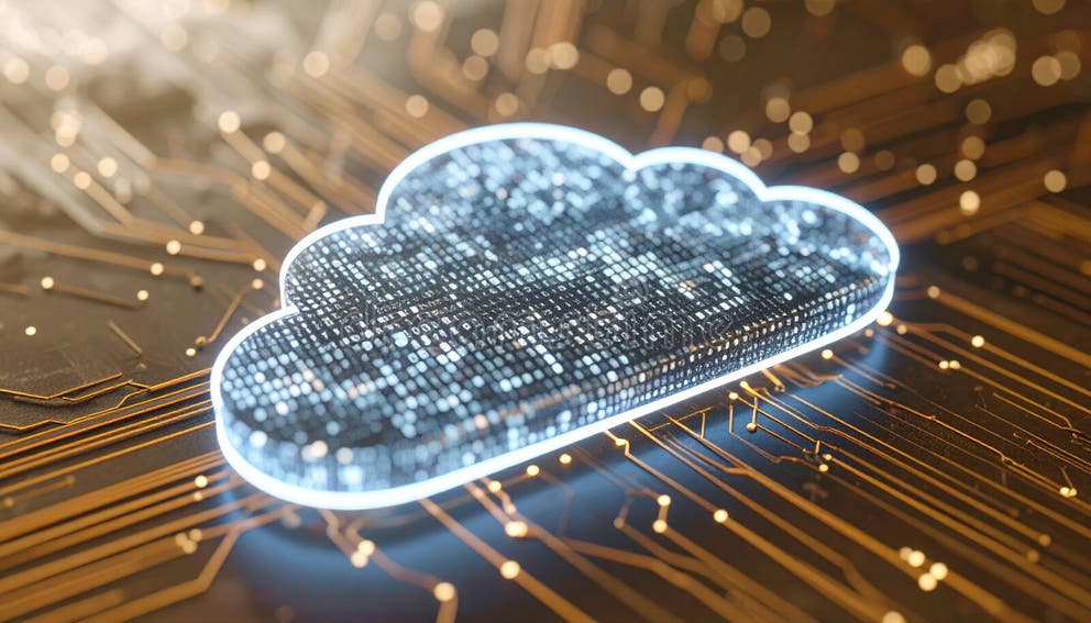 Digital Cloud Computing Technology Concept with Glowing Circuit Lines and Data Points ...