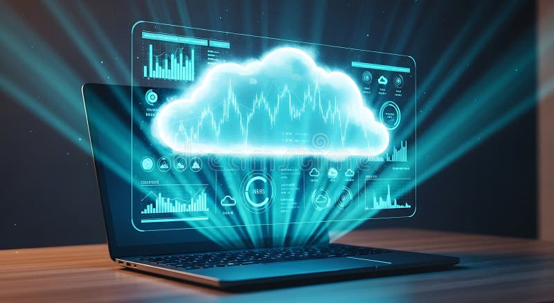 Digital Cloud Computing Technology Data Analysis on Laptop Screen Futuristic Interface Concept ...