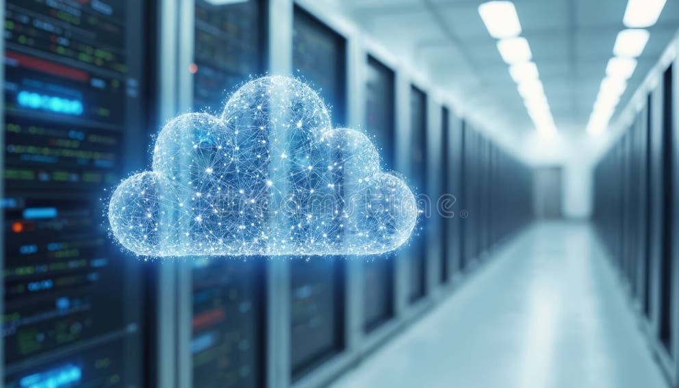 Digital Cloud Data Storage Concept with Server Room Background. Futuristic Cloud Computing ...