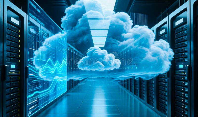Digital Cloud Hovering in Data Center Server Room Stock Illustration - Illustration of center ...