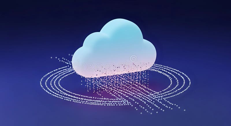 Digital Cloud Icon with Flowing Data Points on Dark Blue Background ...