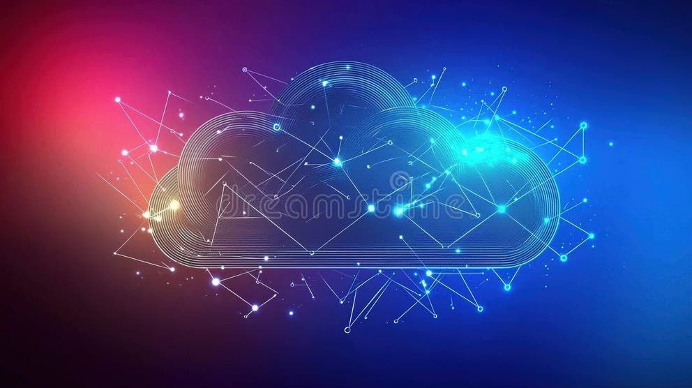 Digital Cloud Icon with Vibrant Neon Lights and Connected Nodes ...