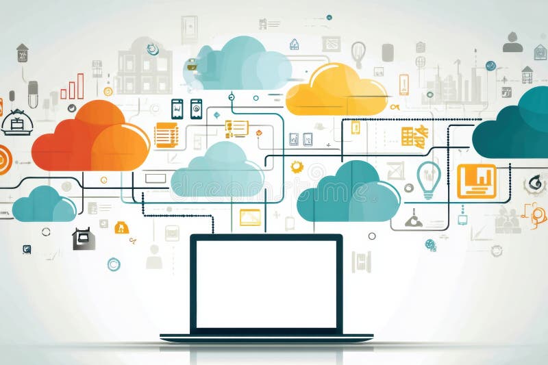 Digital Cloud Icons and Laptop Create a Modern Workspace Layout for ...