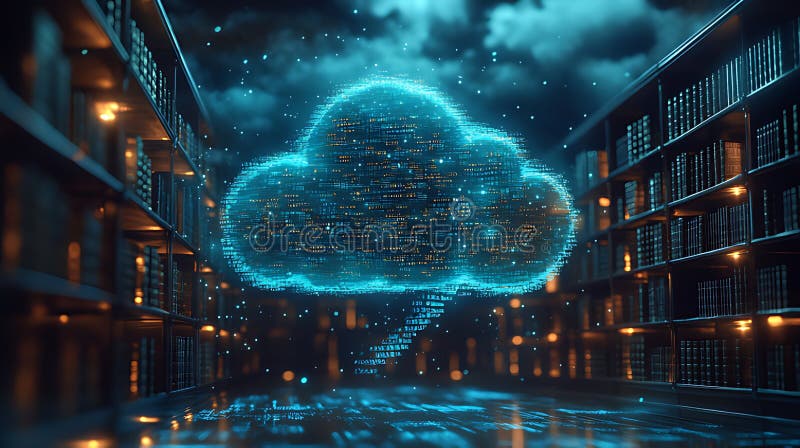 Digital Cloud Library Data Storage Night Stock Illustration ...