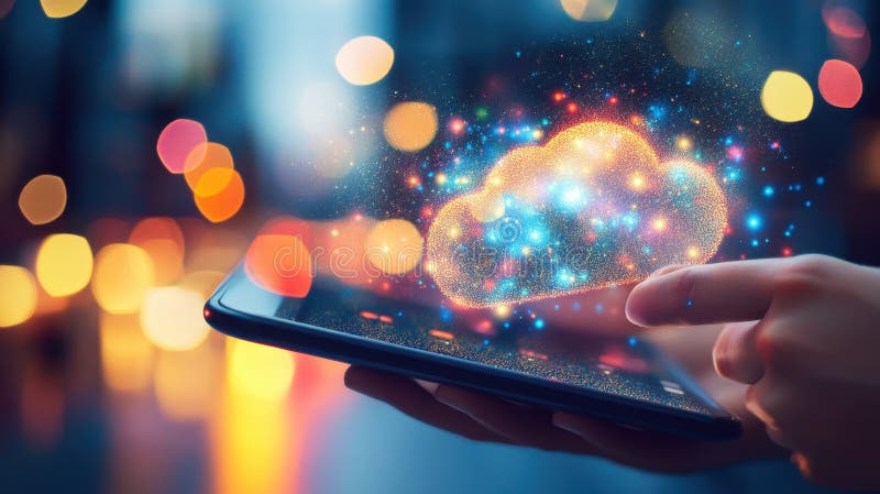 Digital Cloud on Mobile: Innovation at Your Fingertips with Blurry Light Bokeh Stock Image ...