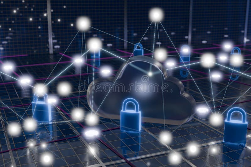 Digital Cloud Network with Glowing Locks, Representing Cybersecurity and Data Protection in a ...