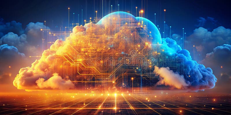 Digital Cloud Network - Illuminated Circuitry with Golden Glows and a ...