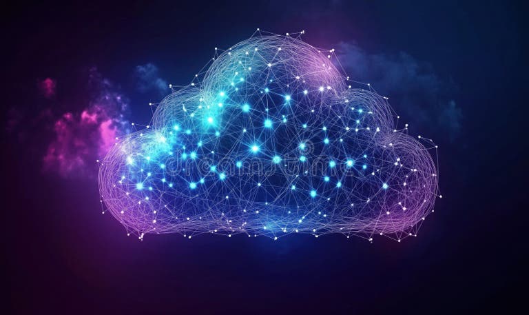 Digital Cloud Network Visualization with Interconnected Nodes and Glowing Lights, Representing ...
