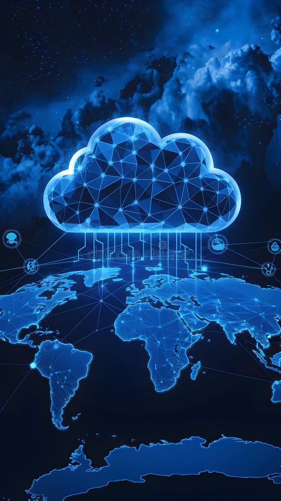 Digital Cloud Over 3D Map, Lines Indicate Global Connectivity and ...