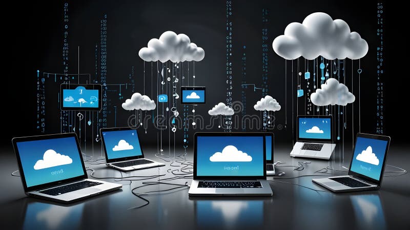 A Digital Cloud Raining Down Streams of Data into Various Devices Stock ...