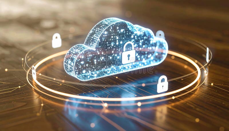 Digital Cloud Security Concept with Lock Icons and Data Network on Futuristic Wooden Surface for ...