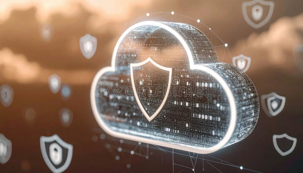 Digital Cloud Security Concept with Shield Icons and Data Protection Symbols Over a Cloud ...