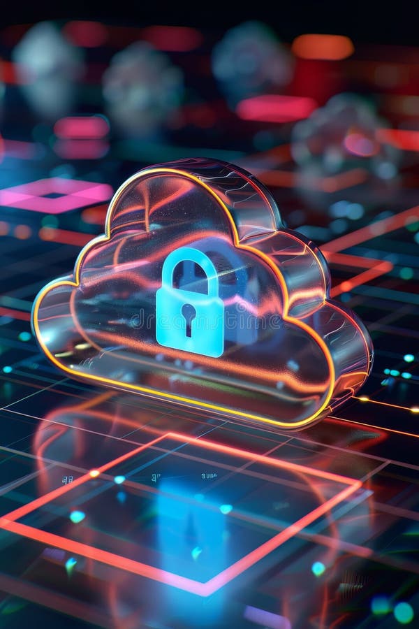 Digital Cloud Security Lock Icon Amid Neon Grid, Abstract Lines in ...