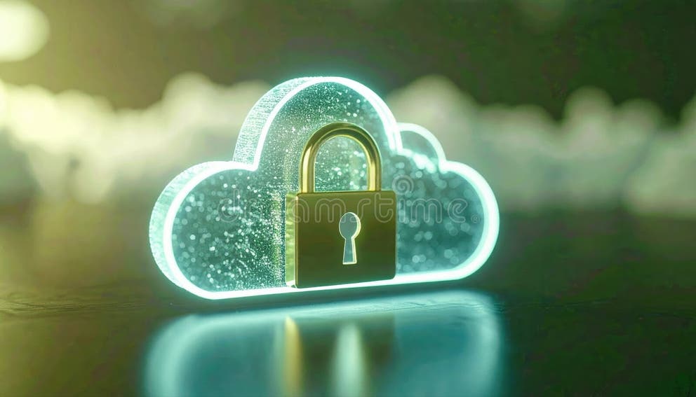 Digital Cloud Security Lock Icon in Cloud Computing Concept with a Goldeh Lock Symbol and ...