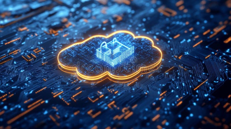 Digital Cloud Security Network: Glowing Blue and Orange Cloud Shape on ...
