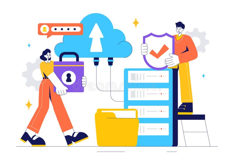 Digital Cloud Security Vector Illustration of Safety and Data Protection for Network, Internet ...