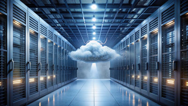 A Digital Cloud Server Room Rows of Modern Data Storage Units and a ...