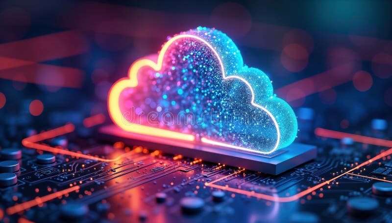 Digital Cloud Storage System Illustration Shows Glowing Cloud Icon on ...