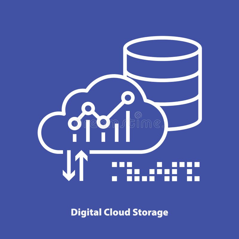 Digital Cloud Storage Vector Linear Icon. White Cloud Pictogram on Blue ...