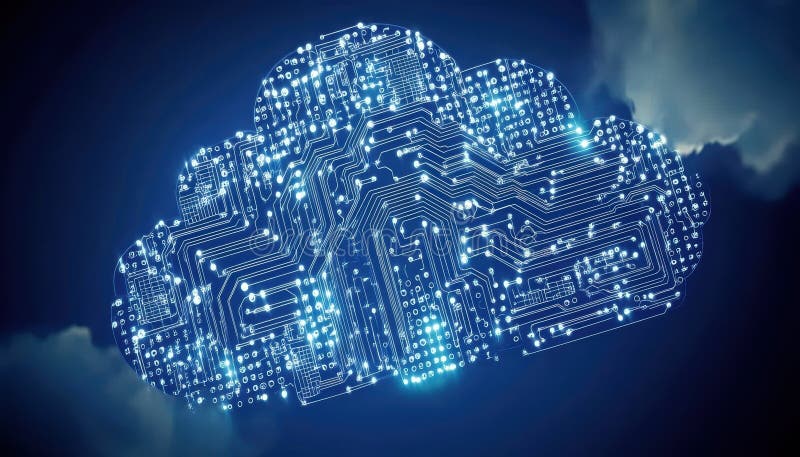 Digital Cloud Structure with Circuit Patterns Glowing Against a Dark ...