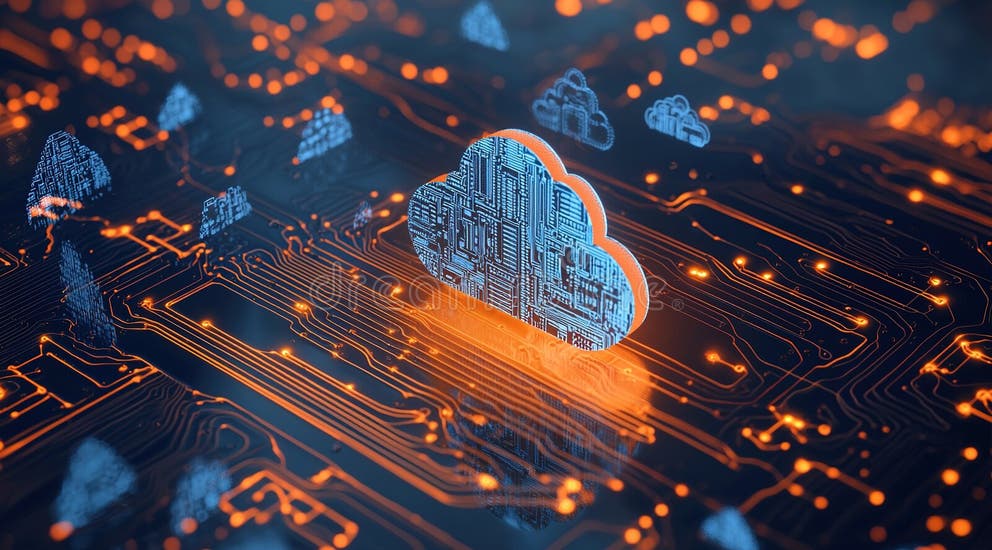 Digital Cloud Computing Concept with Circuit Patterns and Glowing ...