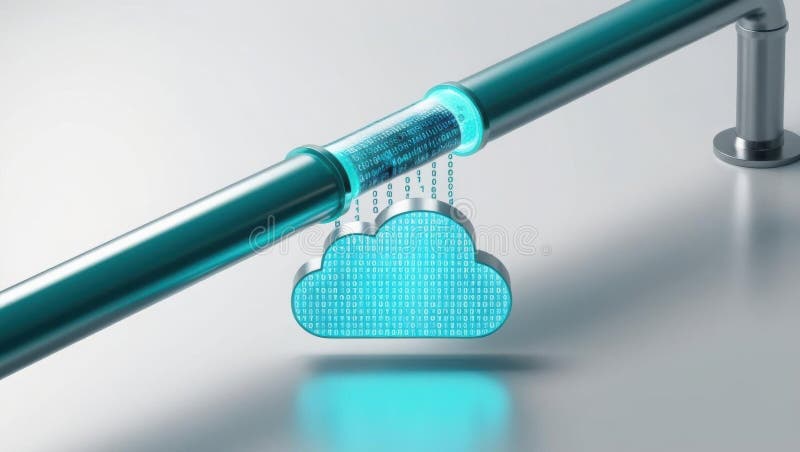 Digital Cloud Symbol Appears Suspended from a Pipe, Representing Cloud Computing and Data Flow ...