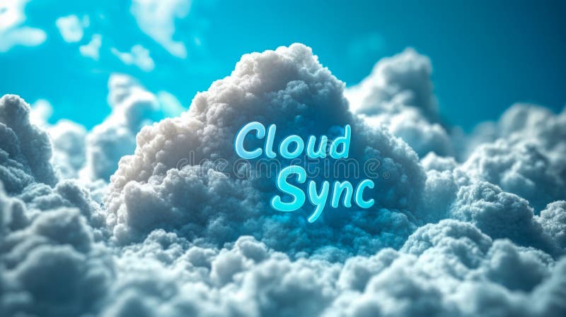 Digital Cloud Sync Concept with Fluffy Clouds in Blue Sky Background ...