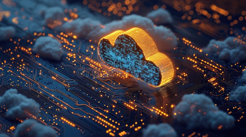Digital Cloud Technology on a Circuit Board with Glowing Elements ...