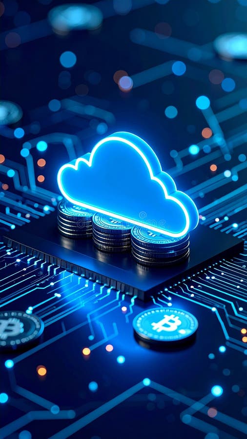 Digital Cloud Technology Concept with Crypto Currency Coins on Semiconductor Circuit Board Stock ...