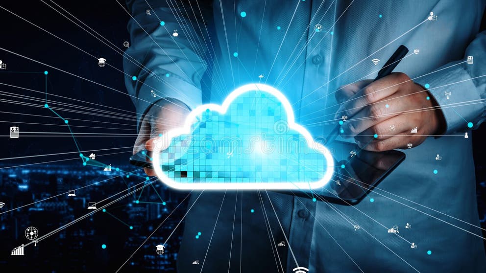 Digital Cloud Technology Concept with Data Flow and Businessman Holding ...