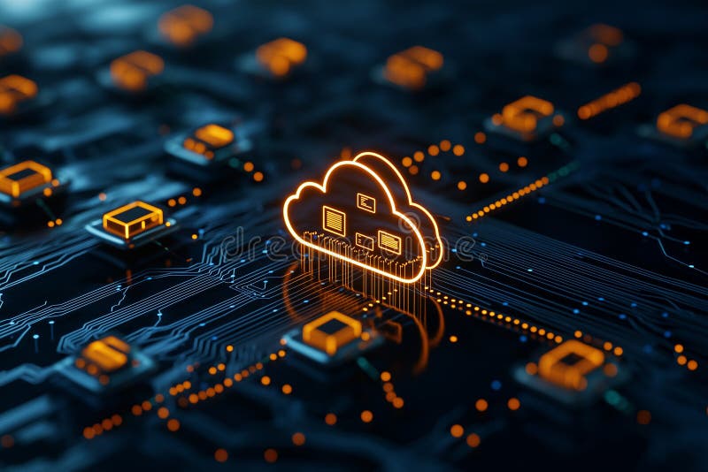Digital Cloud Technology Concept with Glowing Elements on Circuit Board ...