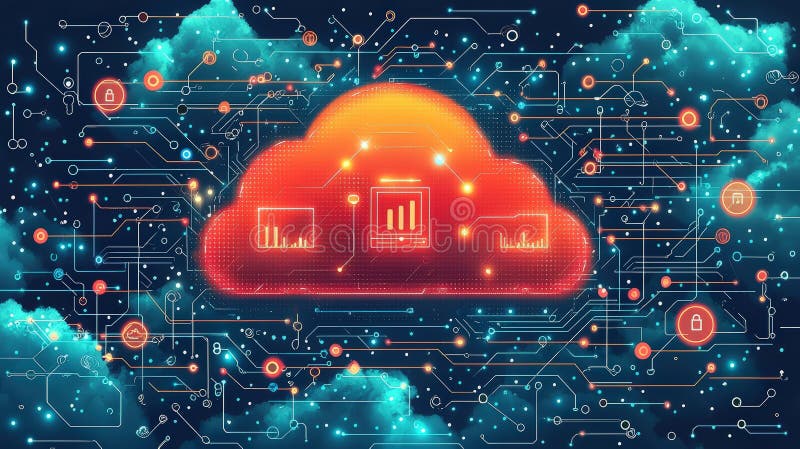 Digital Cloud Technology with Data Visualization, Graphs, and Circuits in Futuristic Style Stock ...