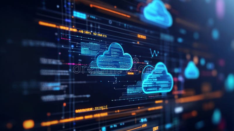 Digital Cloud Technology with Data Visualizations and Neon Effects in an Abstract Setting Stock ...