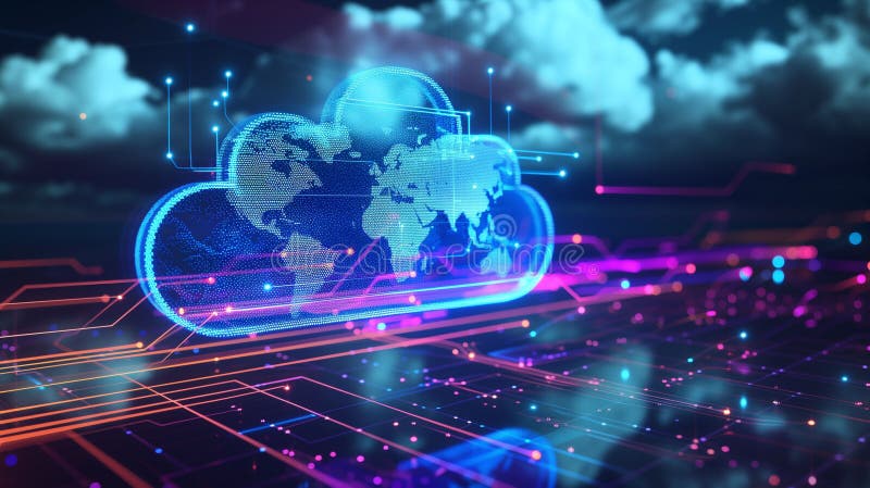 Digital Cloud Technology with a Glowing World Map and Vibrant ...