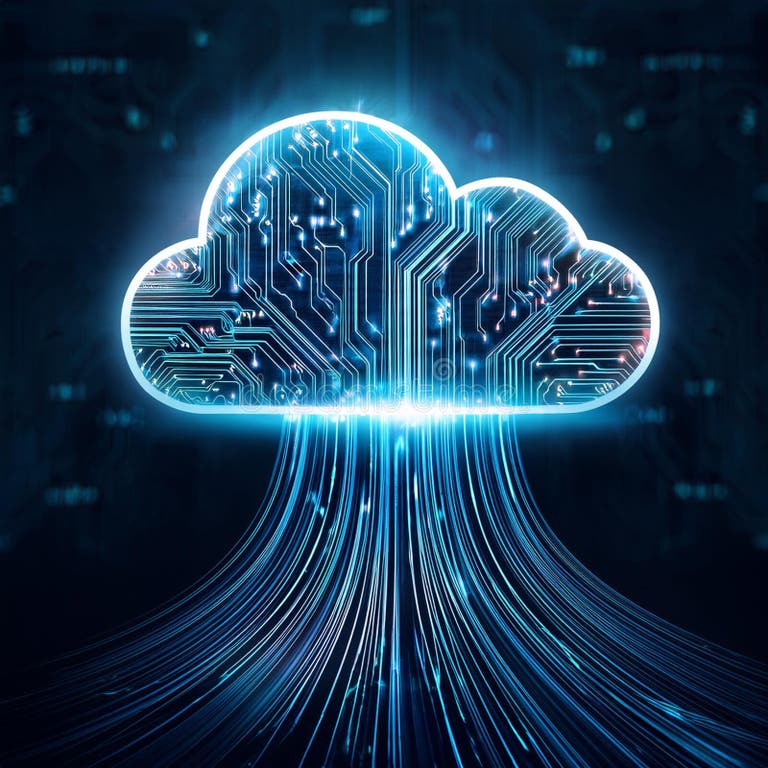 Digital Clouds with Glowing Circuits on Dark Background, Concept of ...