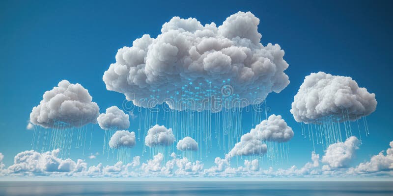 Digital Clouds with Rain and Blue Light Effects Over Serene Ocean ...