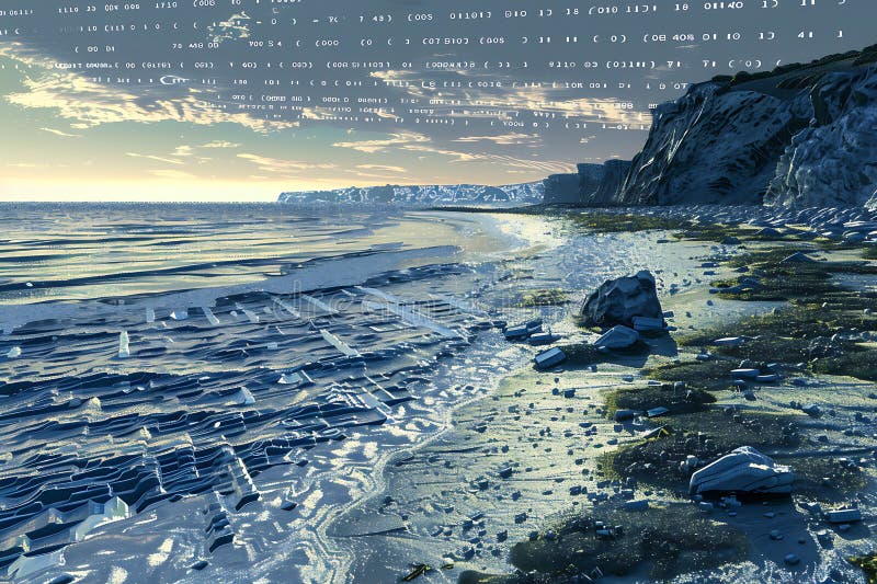 Digital Coastline Algorithmic Beach, Data Overlay, Ocean Cliffs Stock ...