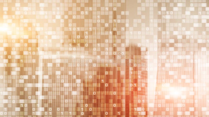 Digital Code on Blur City Background. Abstract Binary Code Stock Photo - Image of zero, display ...