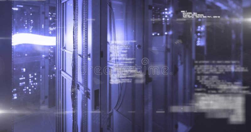 Digital Code and Data Processing Image Over Server Racks in Data Center Stock Photo - Image of ...