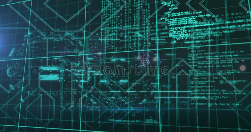 Digital Code and Geometric Patterns are Displayed on Futuristic Screen ...
