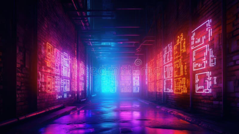 Digital Code in Neon Light. Modern Technologies and Objects Created ...