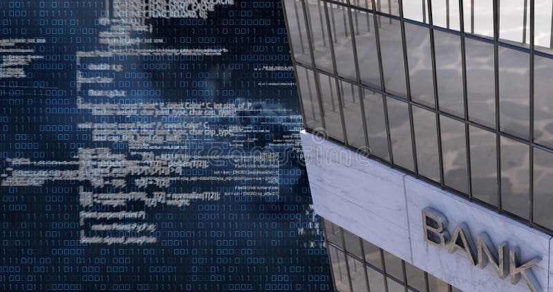 Digital Code Overlaying Bank Building, Representing Fintech and ...