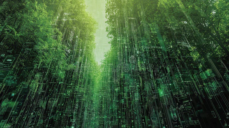 Digital Code Overlaying a Lush Green Forest Stock Illustration ...