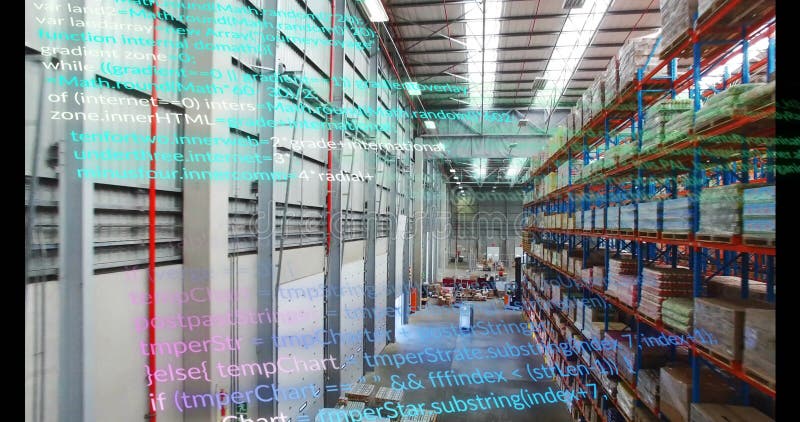 Digital Code Overlaying Shelves in Warehouse with Industrial Equipment Visible Stock Footage ...
