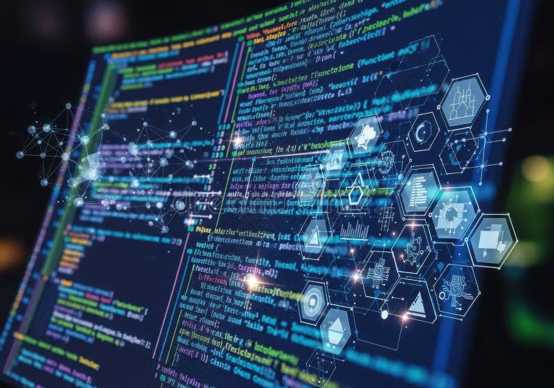 Digital Code Programming Screen with Data Visualization and Abstract ...
