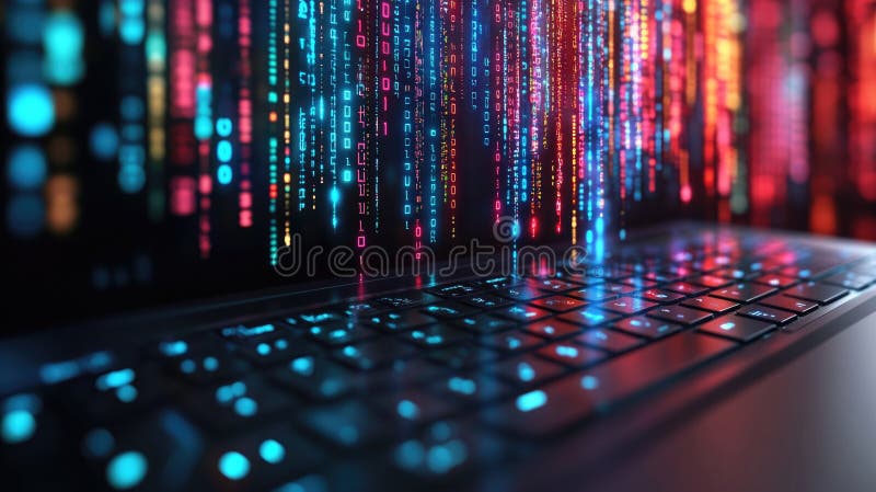 Digital Code Rain Over Keyboard: Futuristic Cyber Technology Concept ...