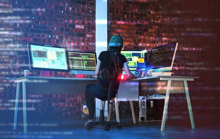Digital Coding, Hacker Woman and Computer Monitor for Cybersecurity, Programming and Big Data ...