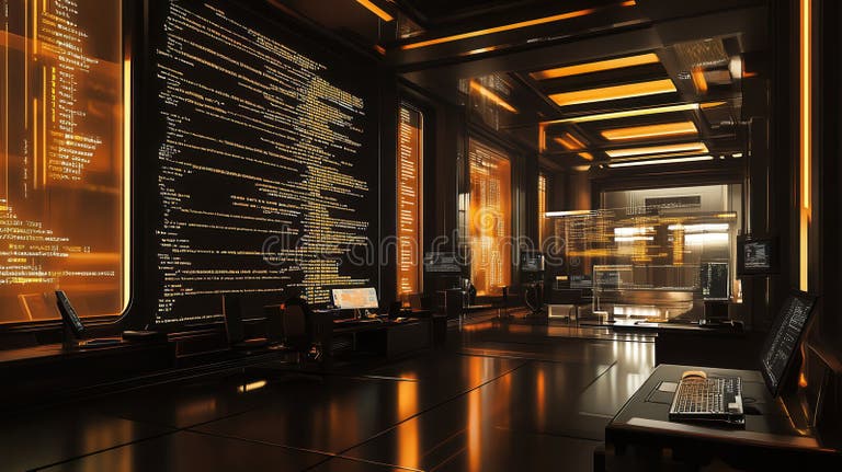 Digital Coding Interface within a Dark Futuristic Room Highlighting the ...